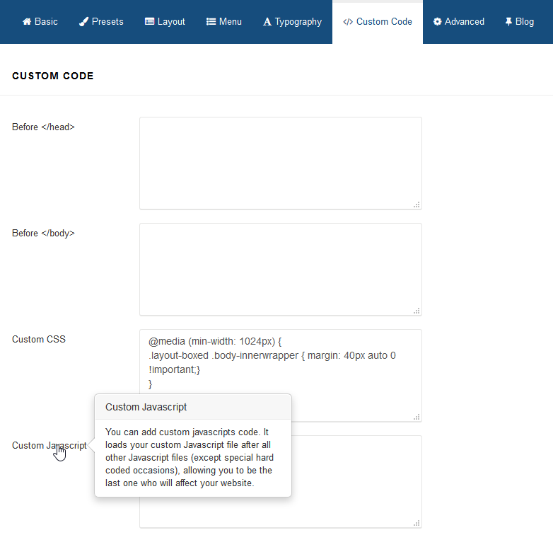 Custom Code Settings Educon Documentation Joomshaper