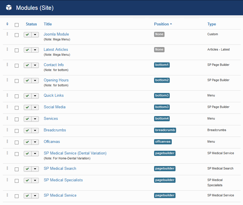 Used extensions and positions | Medico - Documentation | JoomShaper