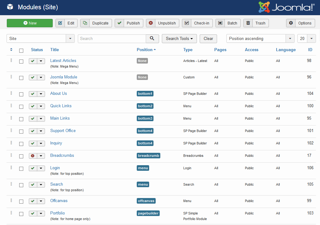 Used extensions and module positions | Opus - Documentation | JoomShaper