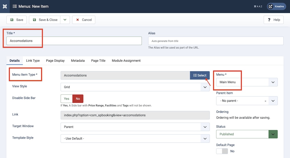 Assigning SP Booking Items as Menu Items | SP Booking - Documentation | JoomShaper
