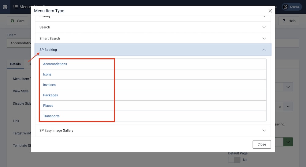 Assigning SP Booking Items as Menu Items | SP Booking - Documentation | JoomShaper