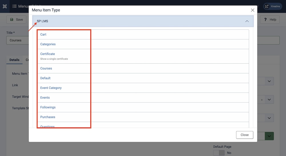 Assigning SP LMS Items as Menu Items | SP LMS - Documentation | JoomShaper