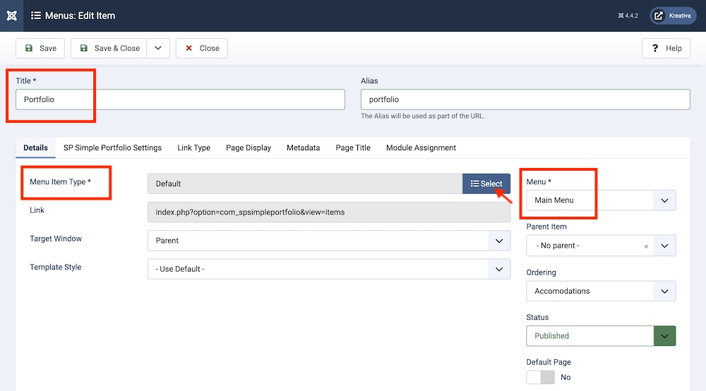 Assigning SP Simple Portfolio Items as Menu Items | SP Simple Portfolio - Documentation | JoomShaper