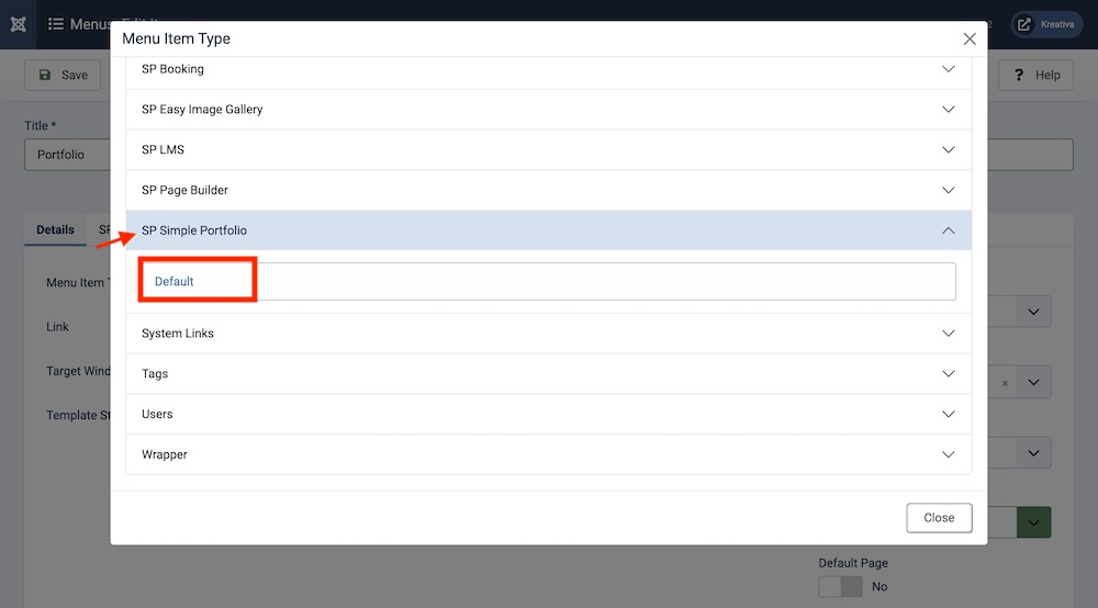 Assigning SP Simple Portfolio Items as Menu Items | SP Simple Portfolio - Documentation | JoomShaper